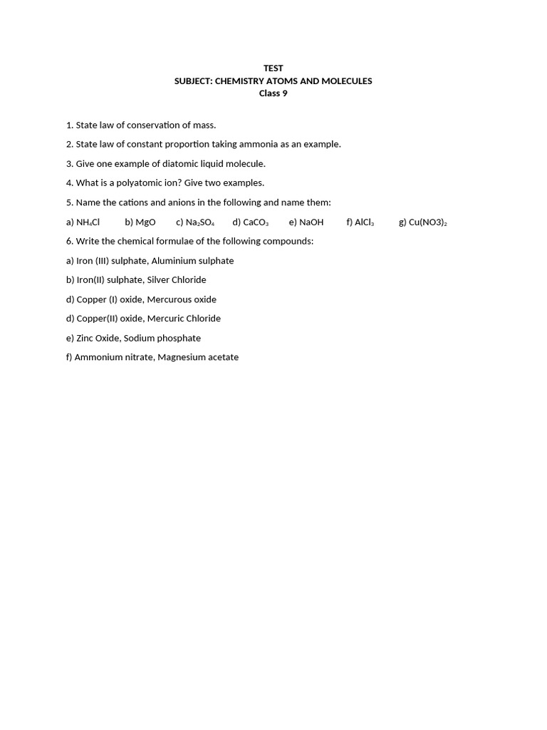 TEST-Class 9 Atoms and Molecules | PDF