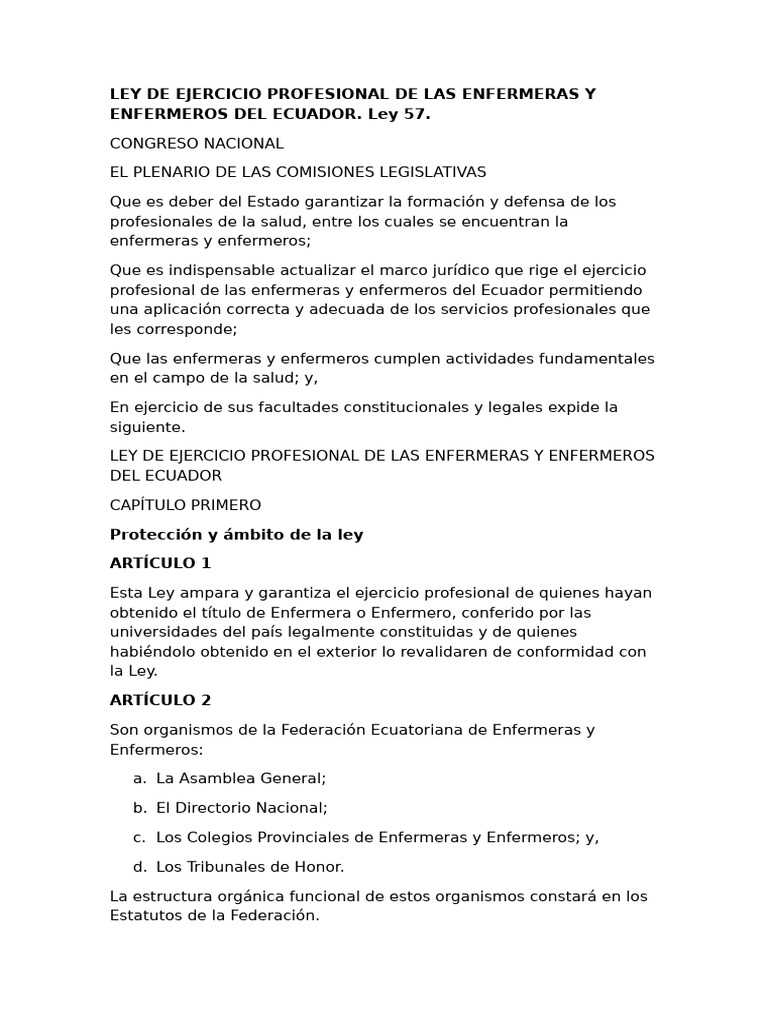 Ley de Ejercicio Profesional de Las Enfermeras y Enfermeros Del Ecuador ...