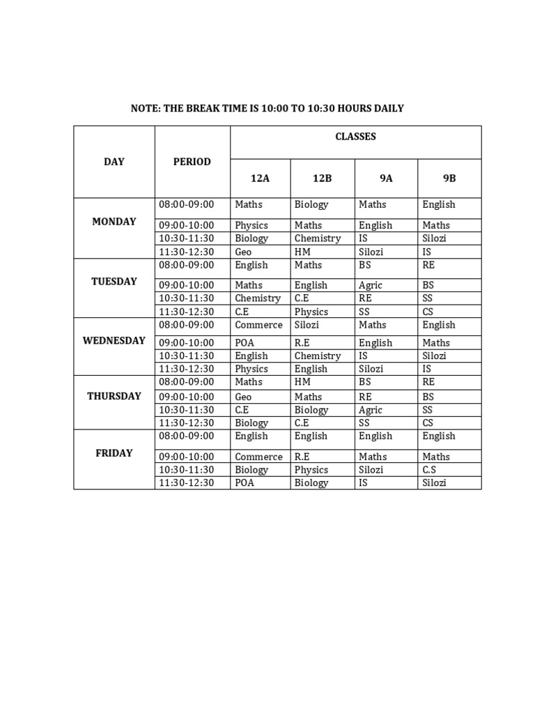Namalangu Day Secondary Holiday Tuition Schedule | PDF