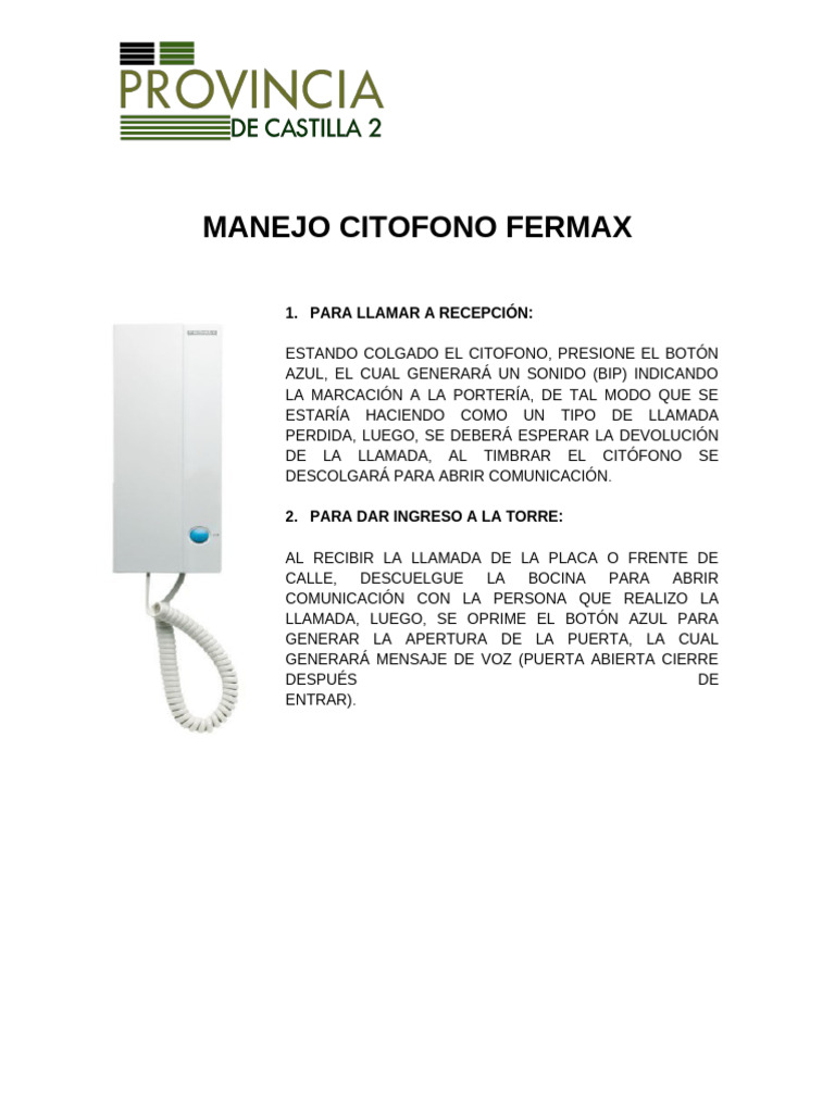 Guía de Uso Citófono Fermax | PDF