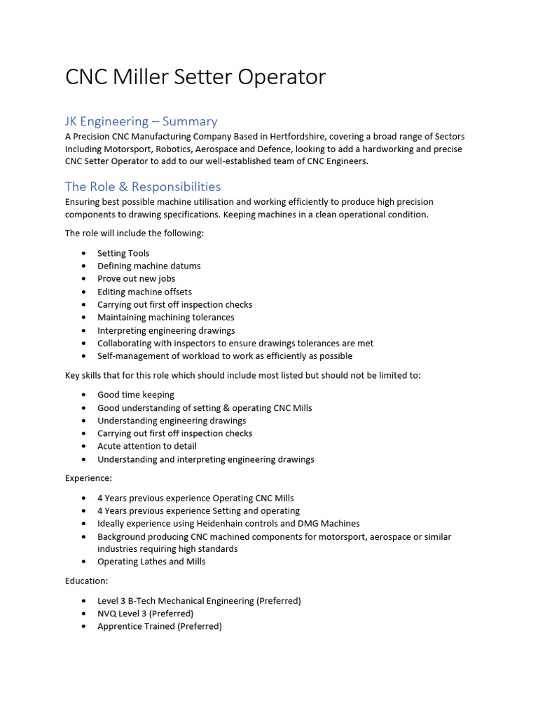 CNC Miller Setter Operator | PDF