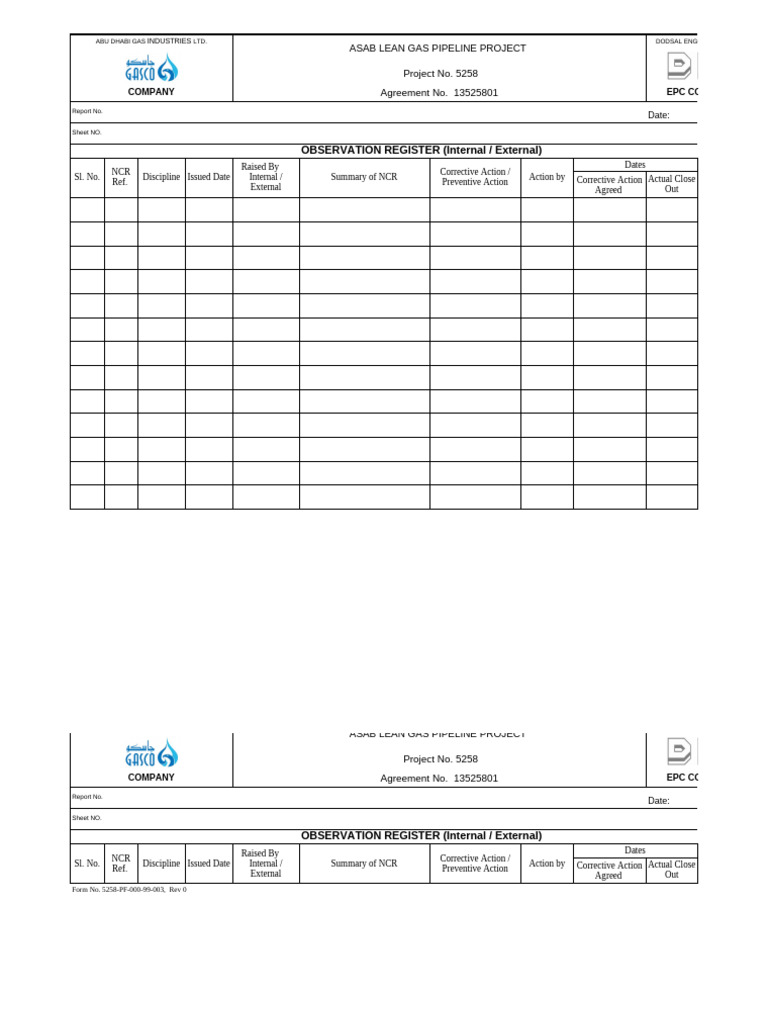 ASAB Pipeline Project Observation Register | PDF