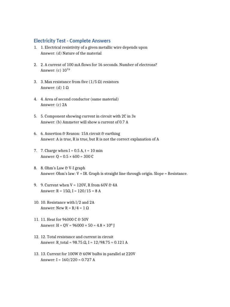 Electricity Test Answers | PDF