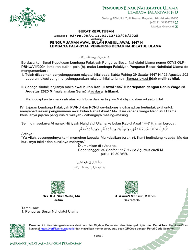 Awal Rabiul Awal 1447 H Ditetapkan | PDF
