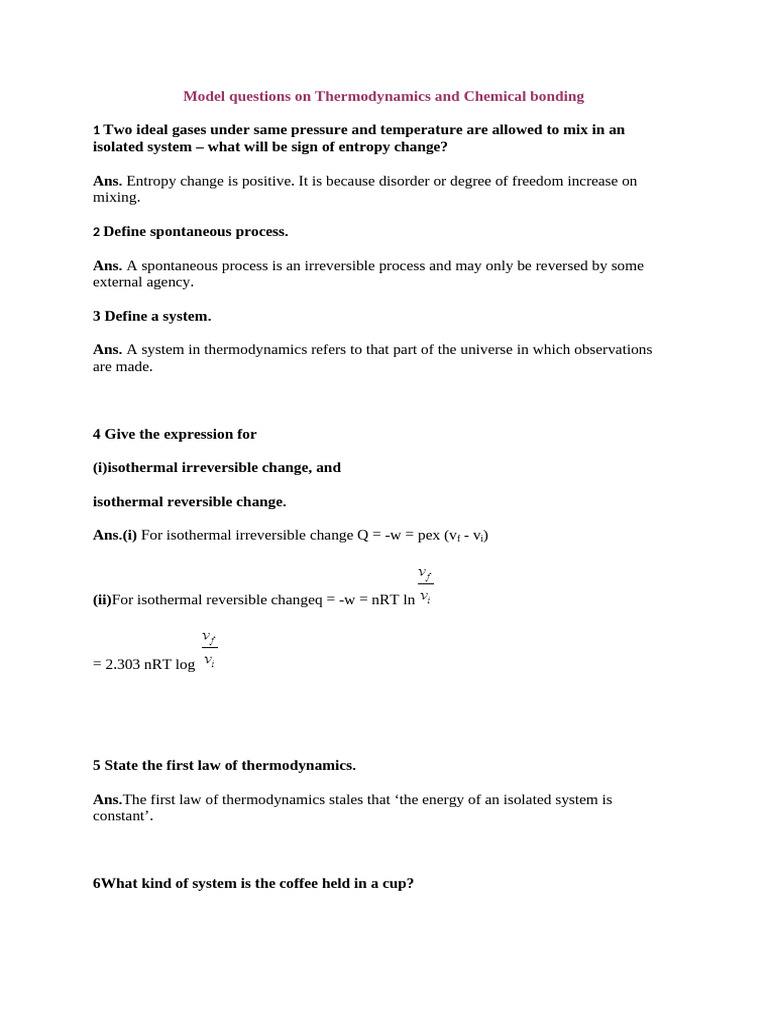 Thermodynamics and Chemical Bonding Imp Questions | PDF | Chemical Polarity | Chemical Bond