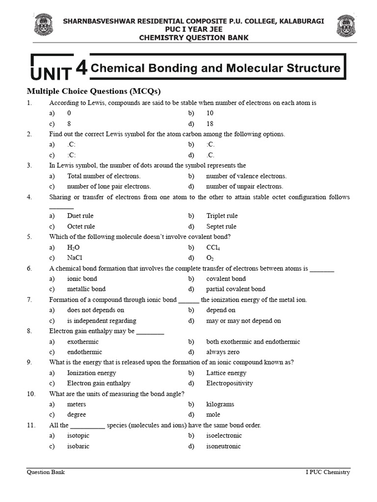 4.chemical Bonding Question Bank | PDF | Chemical Bond | Ionic Bonding