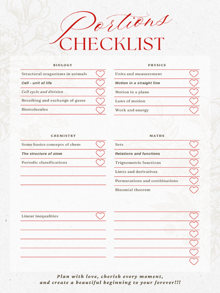 Red White Delicate Minimal Detailed Wedding Checklist | PDF