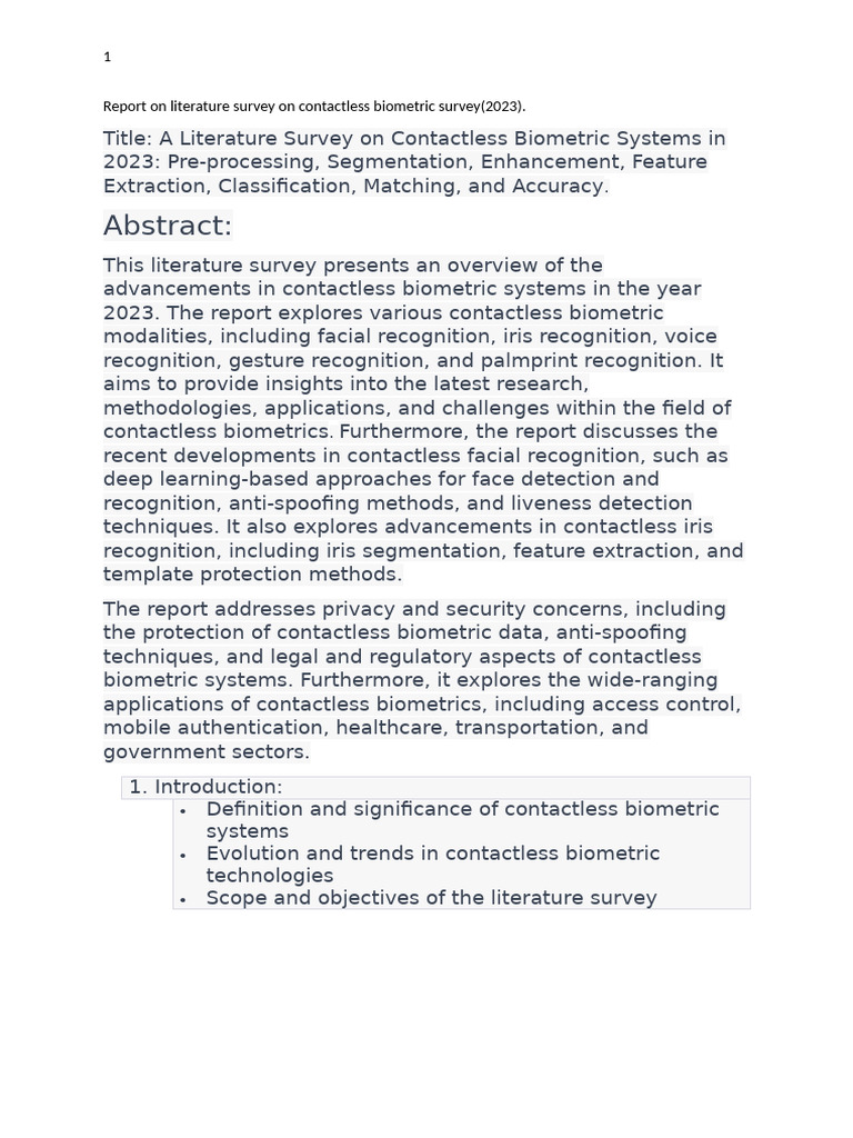 Report On Literature Survey On Contactless Biometric Survey Word | PDF ...