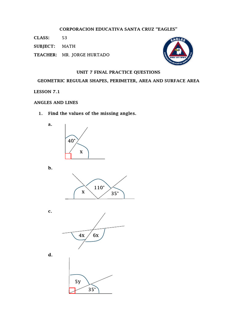 S3 Unit 7 Final Practice Questions | PDF | Area | Euclidean Geometry