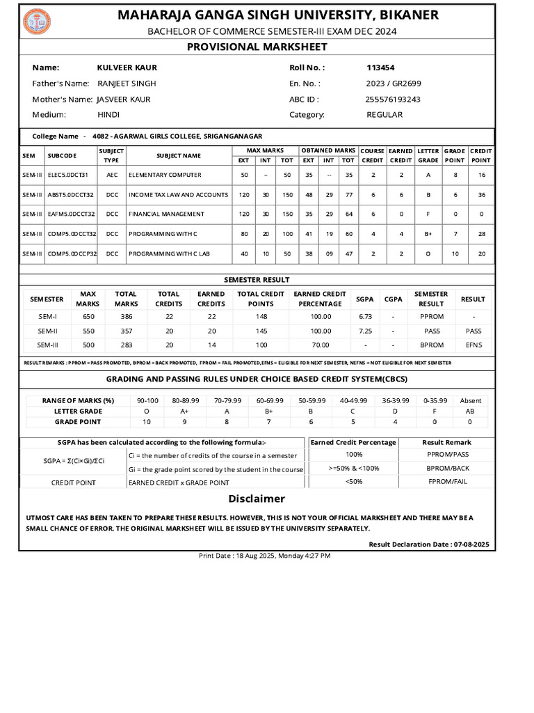 Maharaja Ganga Singh University, Bikaner Kulveer Iird RSLT | PDF ...