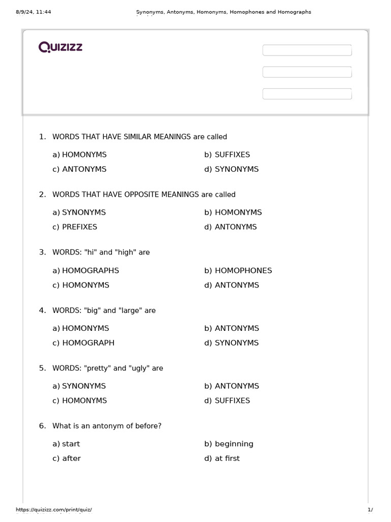 Synonyms, Antonyms, Homonyms, Homophones and Homographs - Students-1 ...