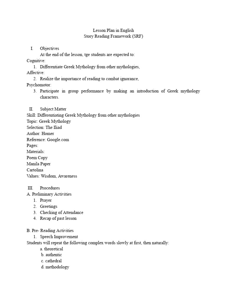 SRF Lesson Plan: Greek Mythology Focus | PDF | Achilles | Greek Mythology