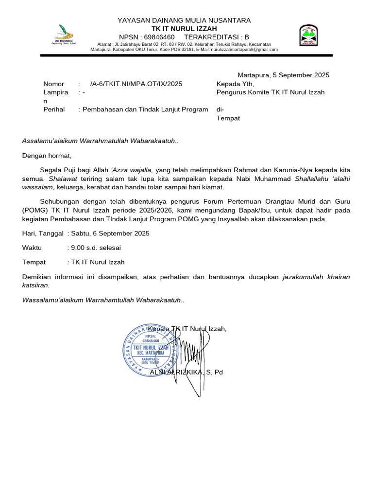 Undangan Rapaot Pomg Tahun Pelajaran 2023 - 2024 | PDF