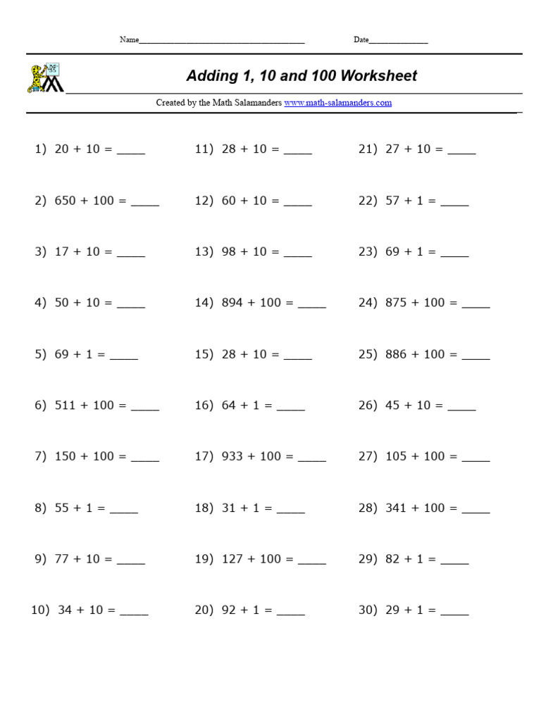 Adding 1, 10, or 100 Worksheet 2 | PDF