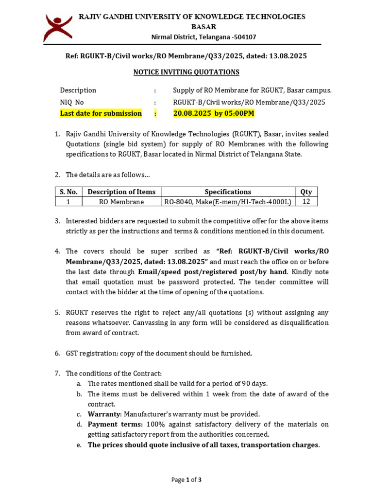 Q33 - Notice Inviting Quotation For Supply of RO Membrane For RGUKT ...