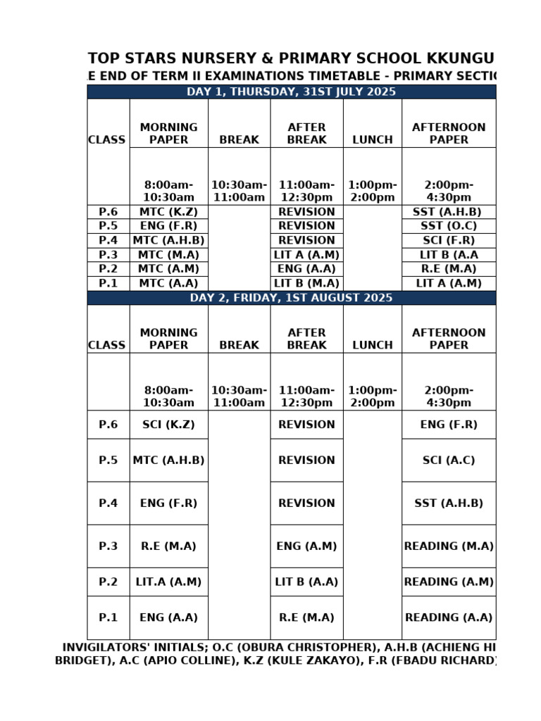 Primary & Kindergarten Exam Timetable | PDF