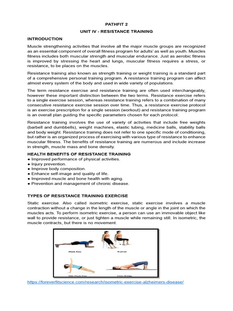 Unit IV Pathfit 2 Resistance Training | PDF | Strength Training | Physical Fitness