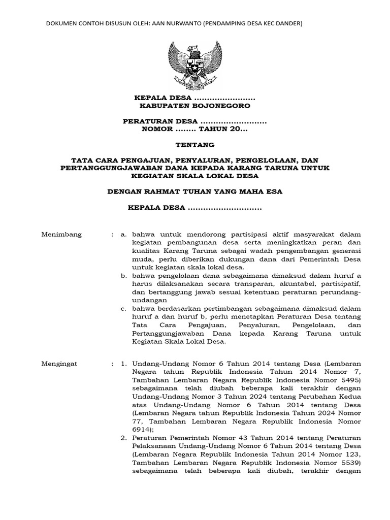 Contoh - Perdes Tentang Bantuan Kepada Karang Taruna Desa | PDF