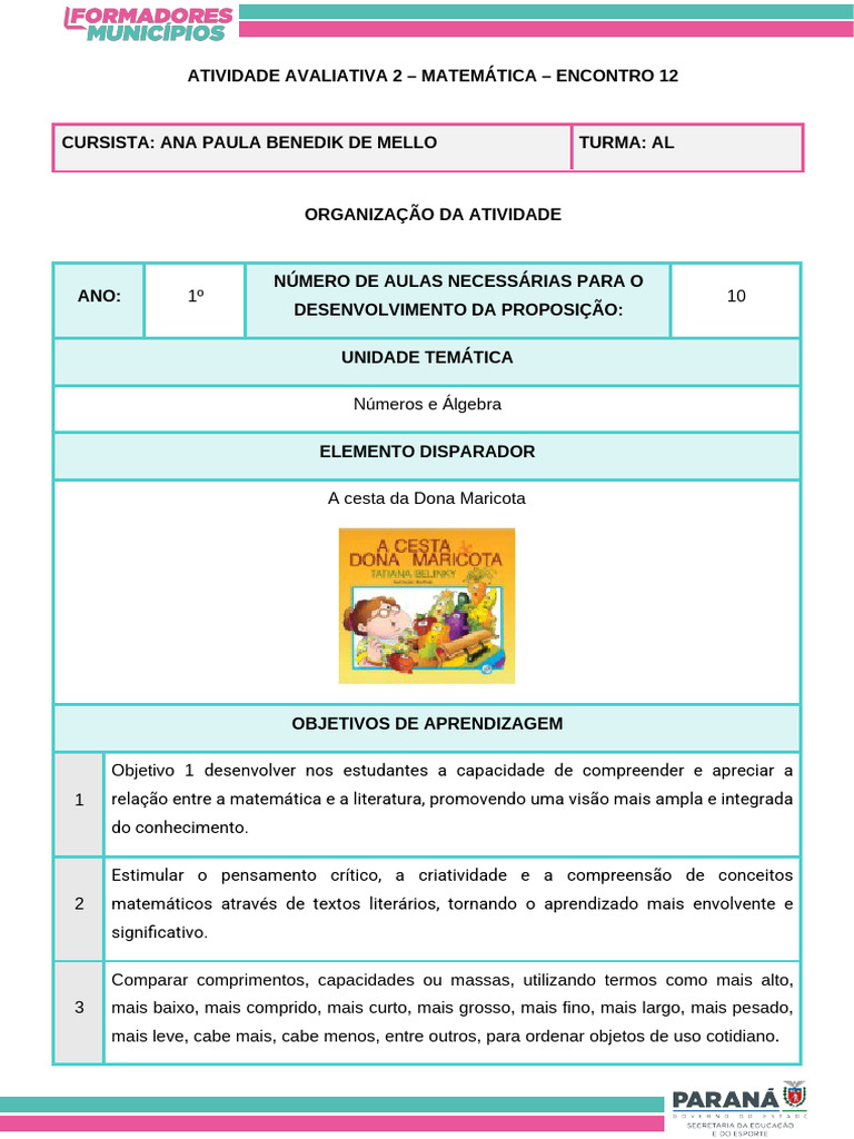 ANA PAULA BENEDIK - Atividade Avaliativa Matemática - Encontro 12 | PDF ...