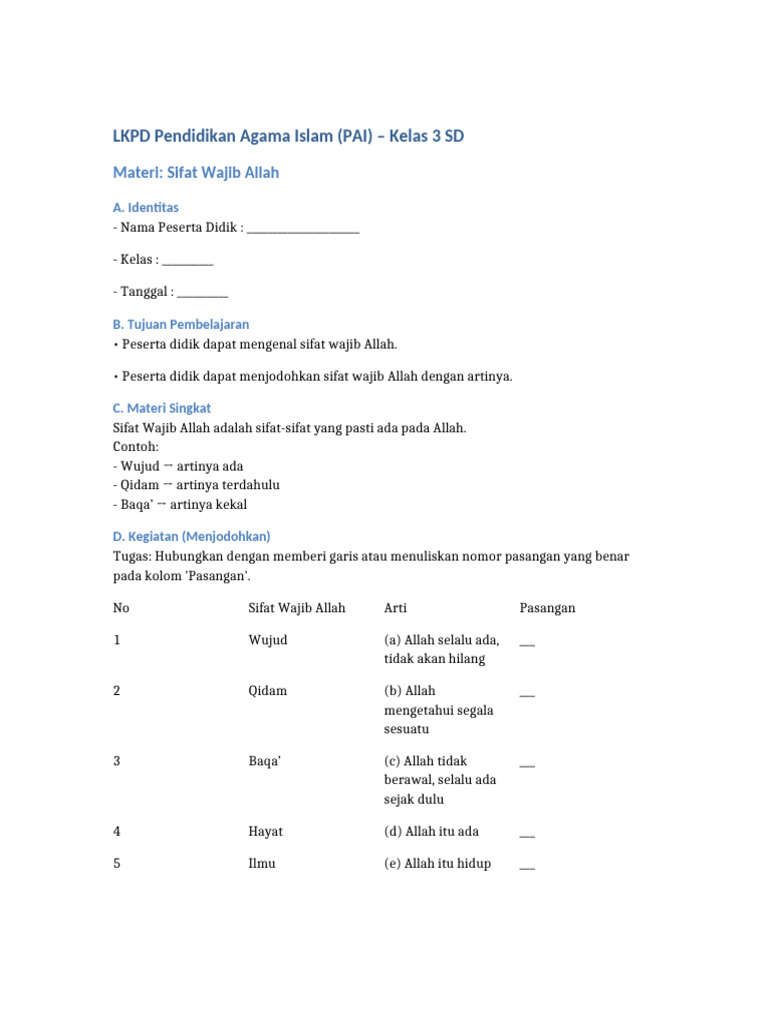 LKPD PAI Kelas3 SifatWajibAllah Tabel | PDF
