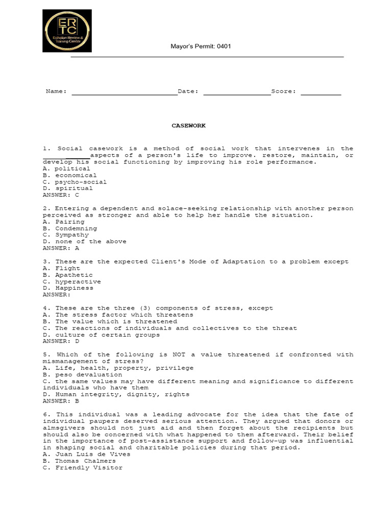 Social Work Casework Review Quiz | PDF | Psychosocial | Social Work