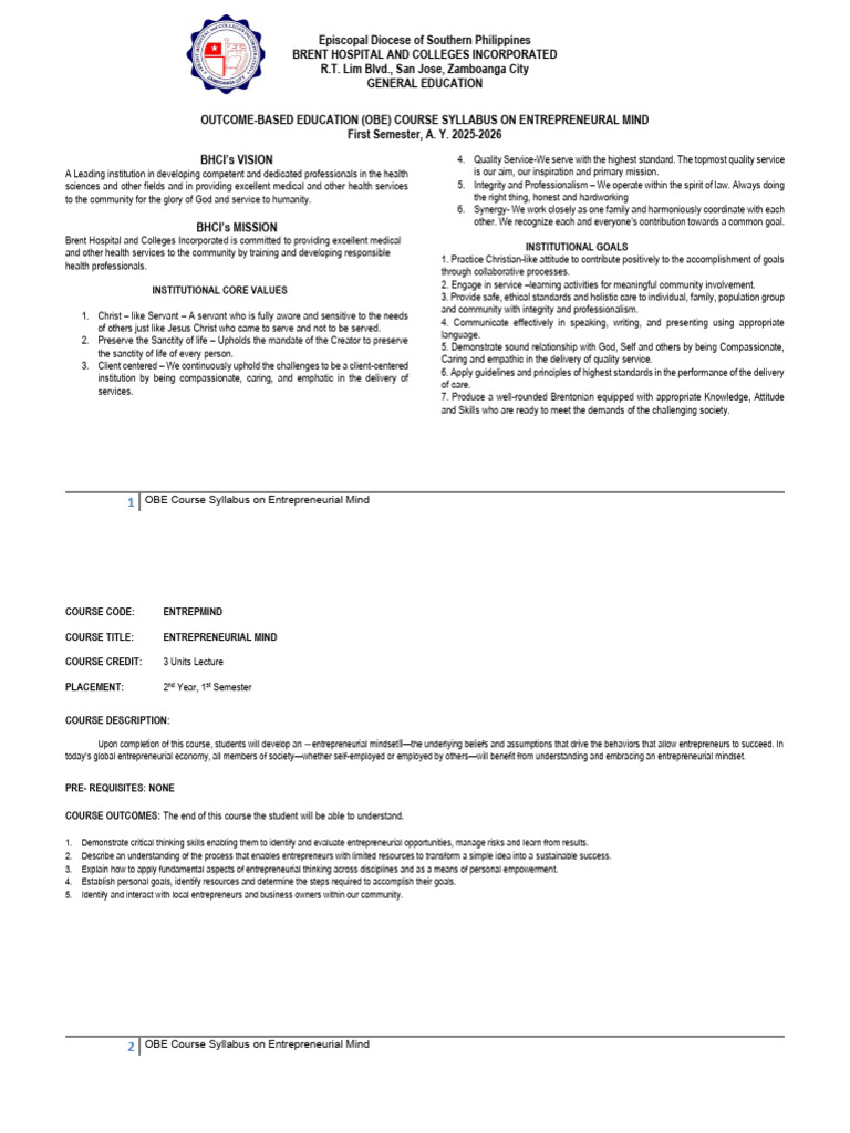 Done Obe Syllabus For Entrep Mind Edited BSN 1 | PDF | Entrepreneurship ...