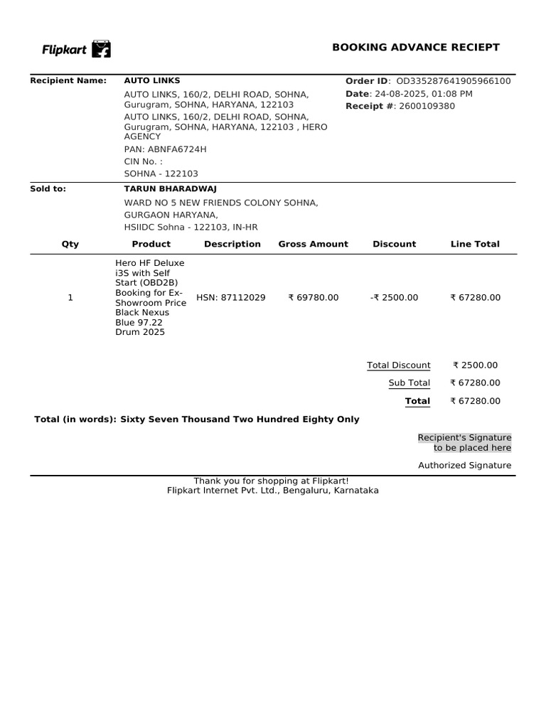 Booking Receipt for Hero HF Deluxe | PDF