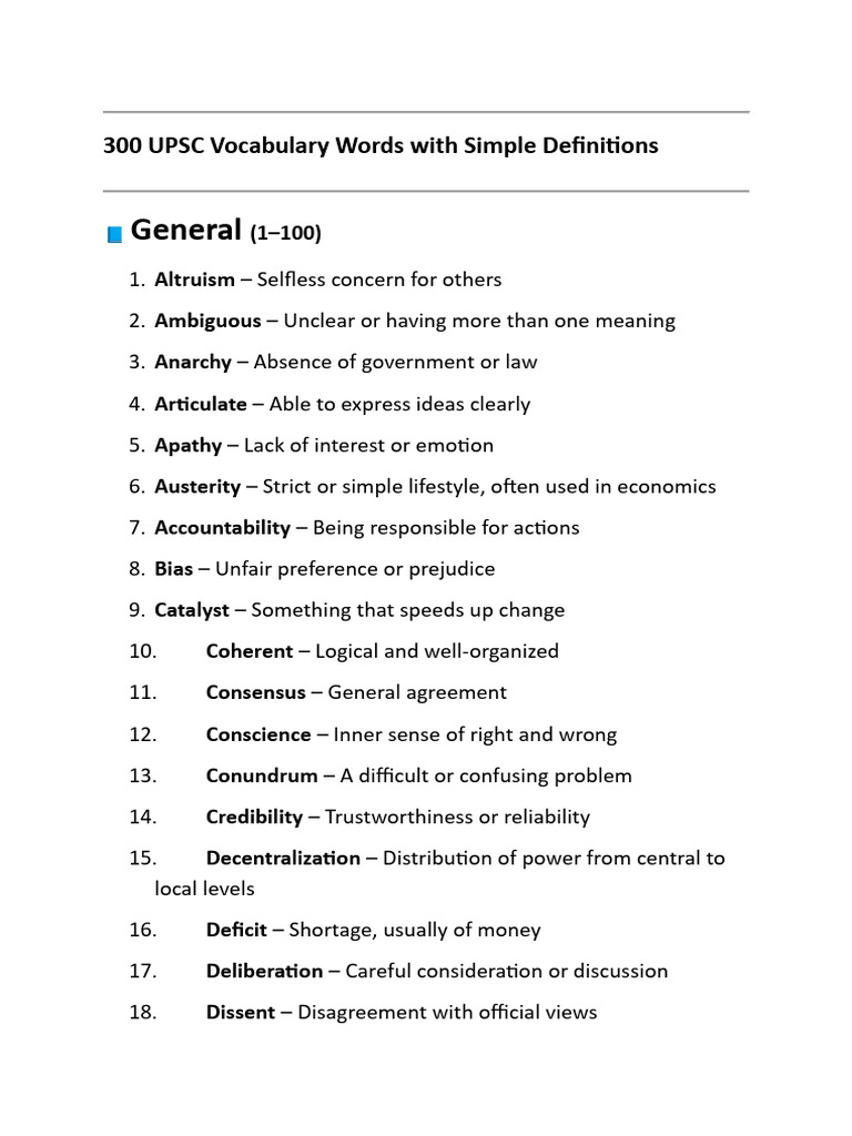 300 UPSC Vocabulary Words With Simple Definitions | PDF | Altruism ...