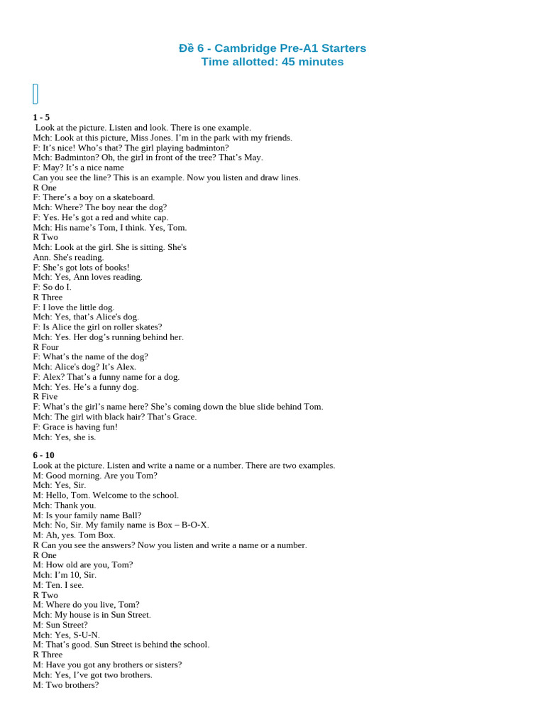 Audio Script - Đề 6 - Cambridge Pre-A1 Starters - Audio | PDF