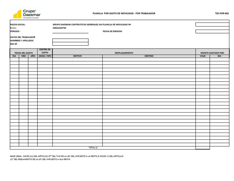 Planilla de Movilidad para Trabajadores | PDF