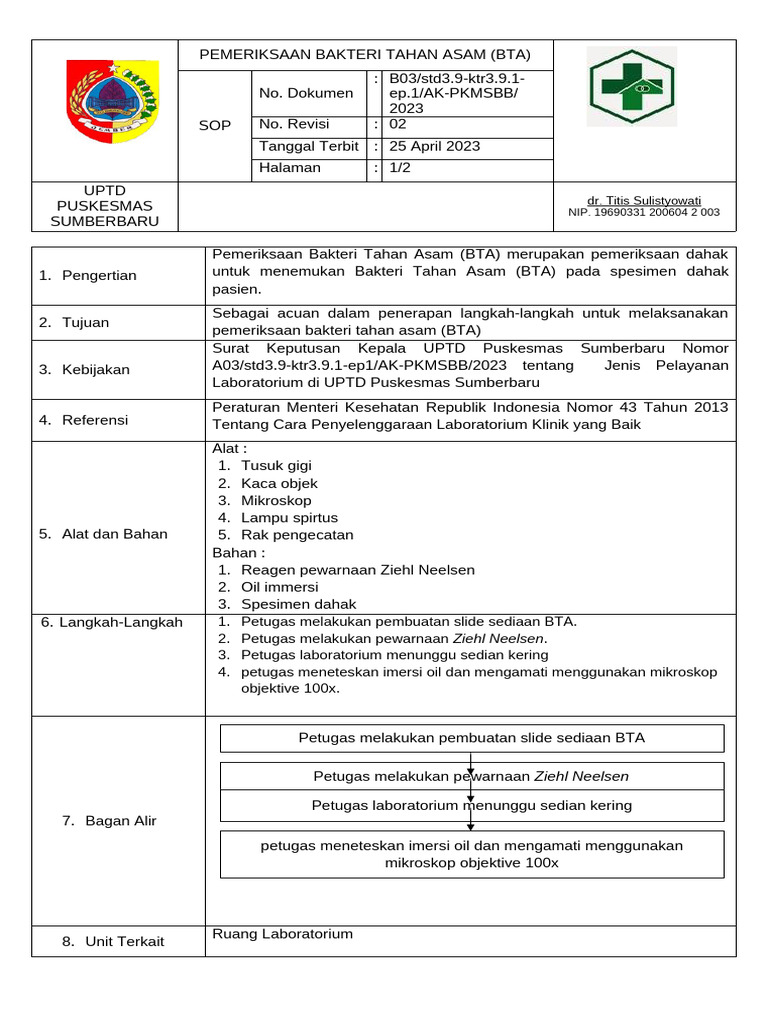 SOP Pemeriksaan Bakteri Tahan Asam BTA | PDF