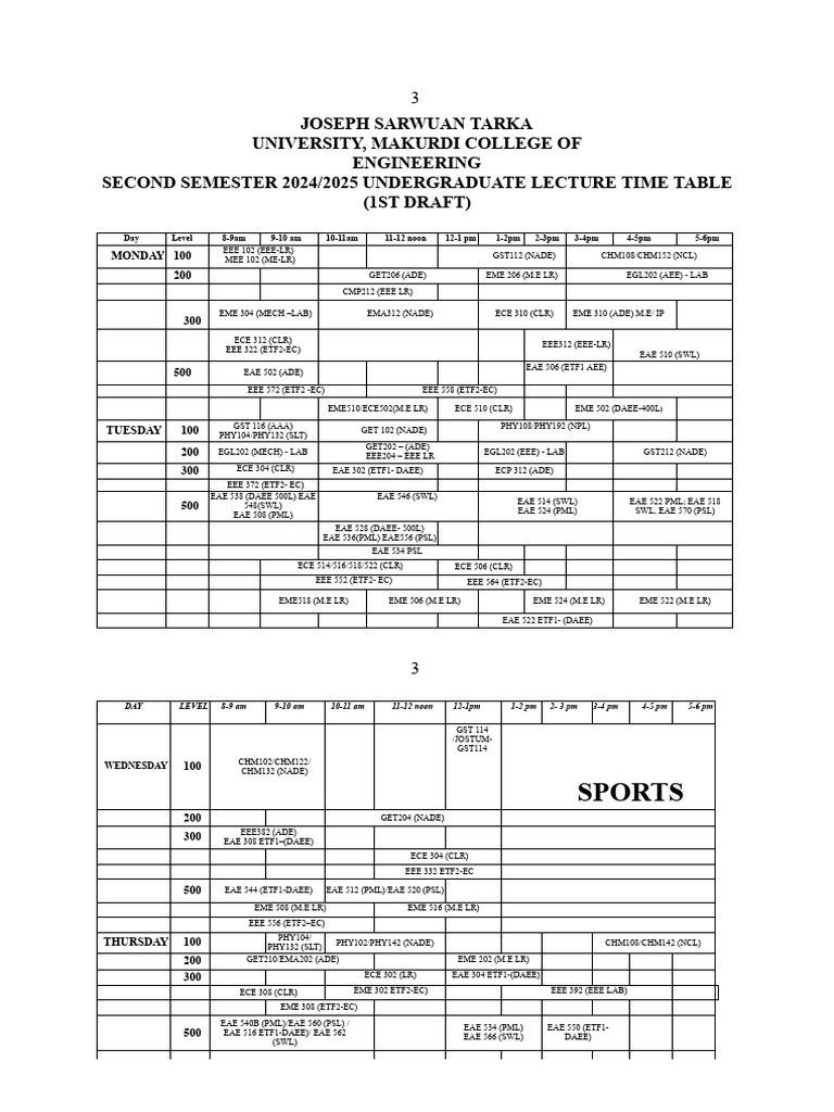 Updated College of Engineering Lecture Timetable 2nd Semester 2024 2025 ...