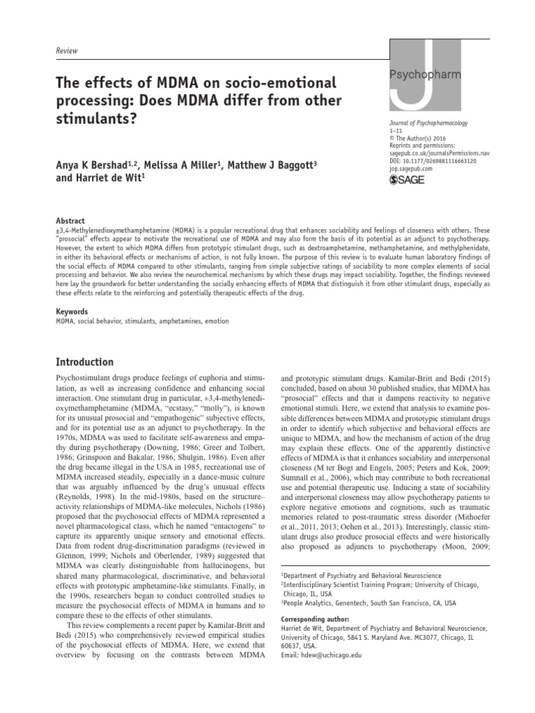 The Effects of MDMA On Socio-Emotional Processing: Does MDMA Differ ...