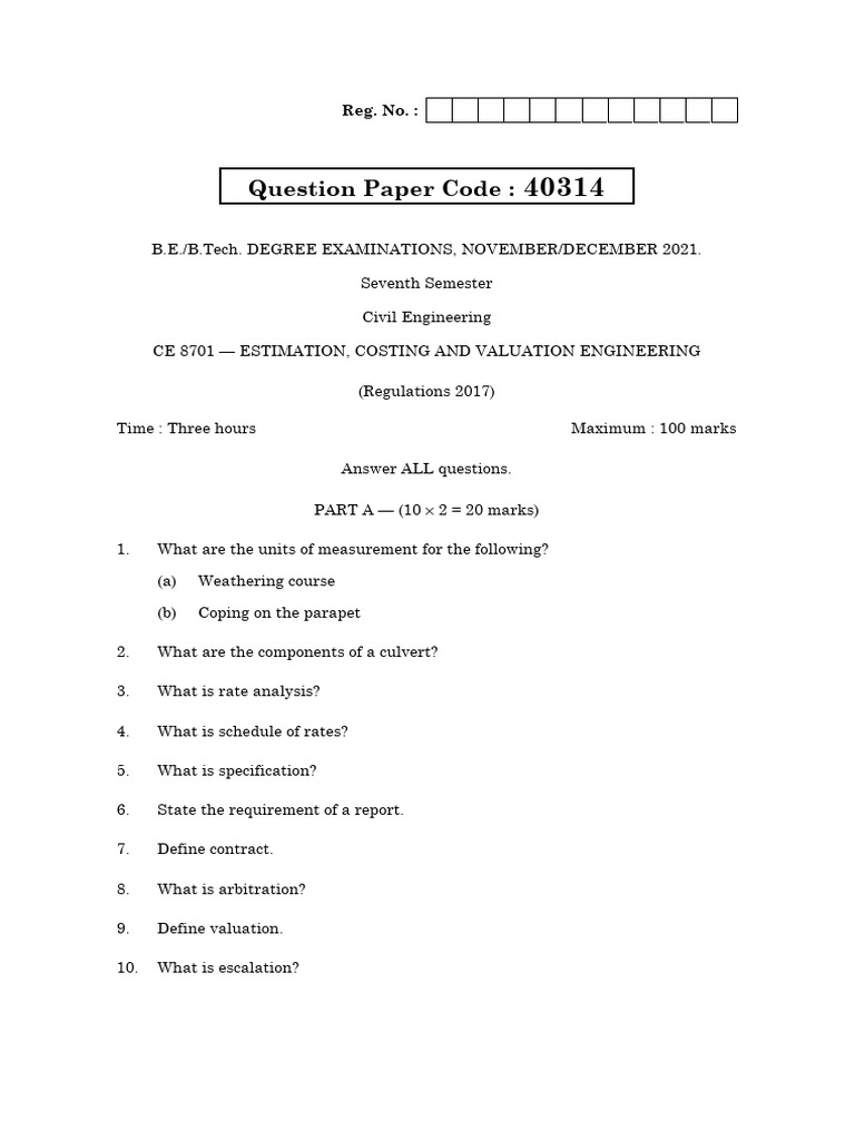 Estimation Costing and Valuation Engineering - CE8701 2017 Regulation ...