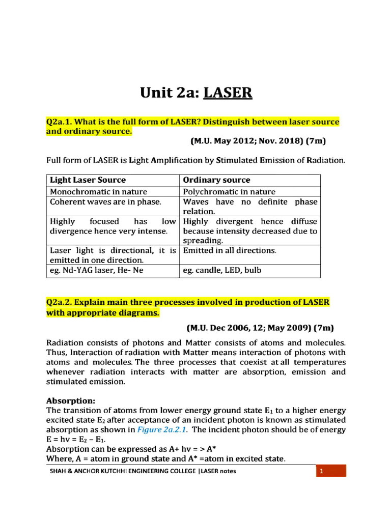Laser & Fiber Optics Notes Physics 1 | PDF