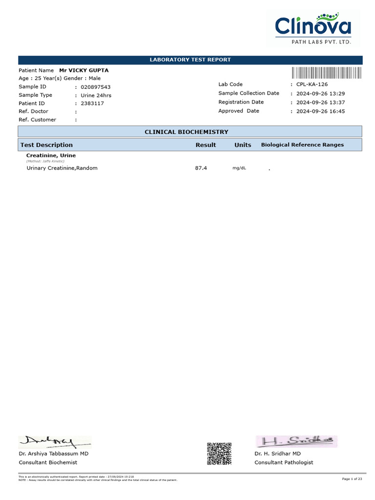 Laboratory Test Report for Vicky Gupta | PDF | Creatinine | Medicine