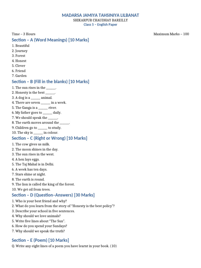 Class5 English ExamPaper | PDF