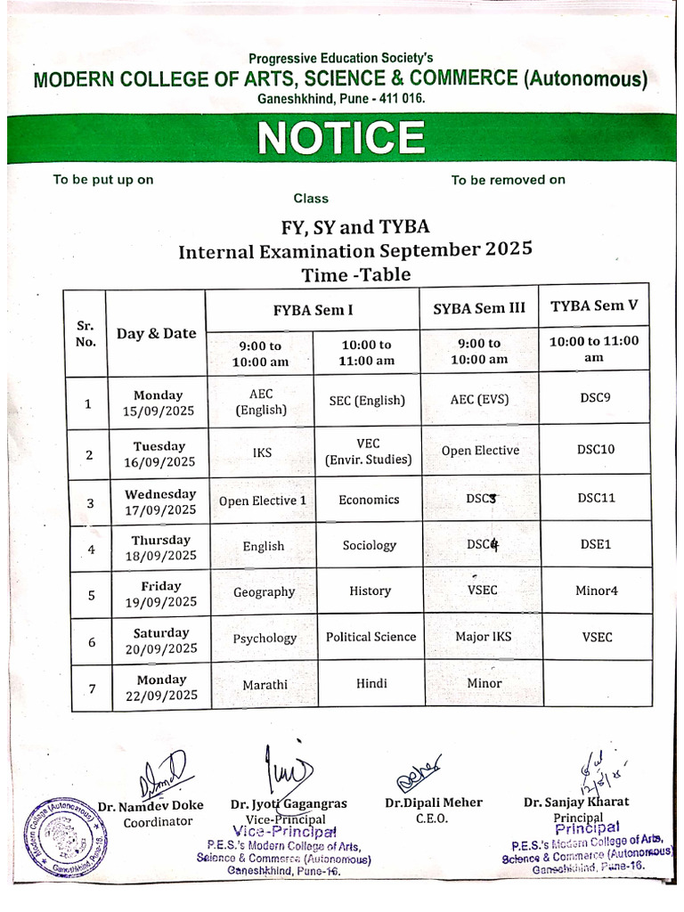 Time - Table FY, SY, TYBA Internal Exam, Sept.2025 | PDF