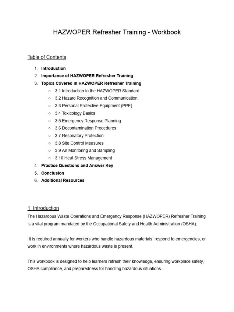HAZWOPER Refresher Training Workbook | PDF | Personal Protective ...