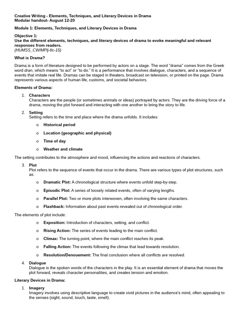 Drama Elements and Techniques Overview | PDF | Intertextuality | Plot ...