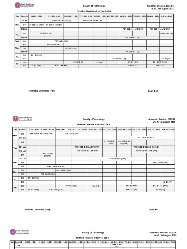 Fot Timetable Odd Semester 2025 26 Wef 1st Aug 2025 | PDF