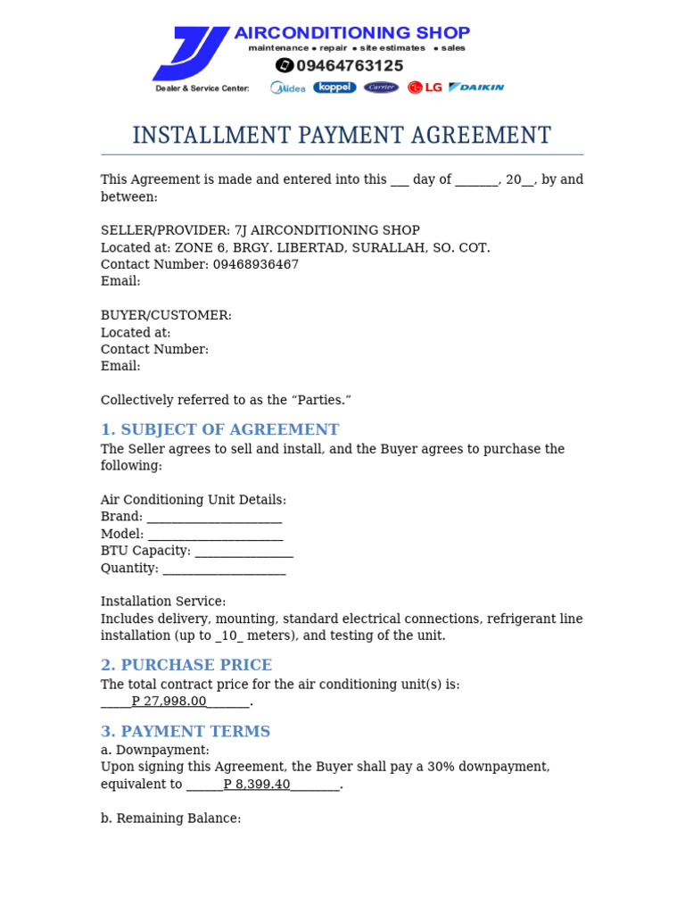 Installment Payment Agreement | PDF | Repossession | Payments