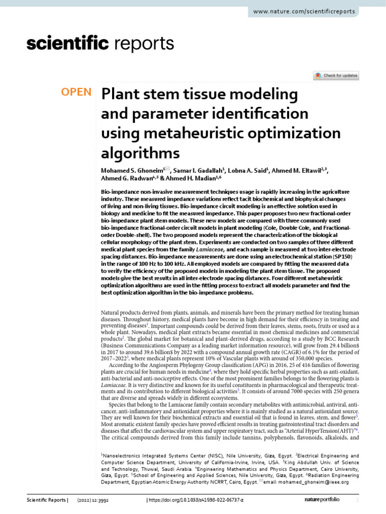 Plant Stem Tissue Modeling and Parameter Identification Using Metaheuristic Optimization ...