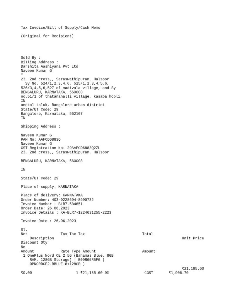OnePlus Invoice for Naveen Kumar G | PDF | Invoice | Business