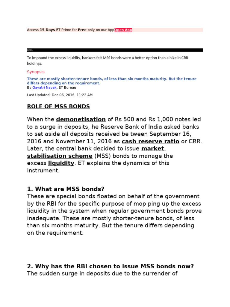MSS Role in Demonetisation | PDF | Bonds (Finance) | Reserve Bank Of India