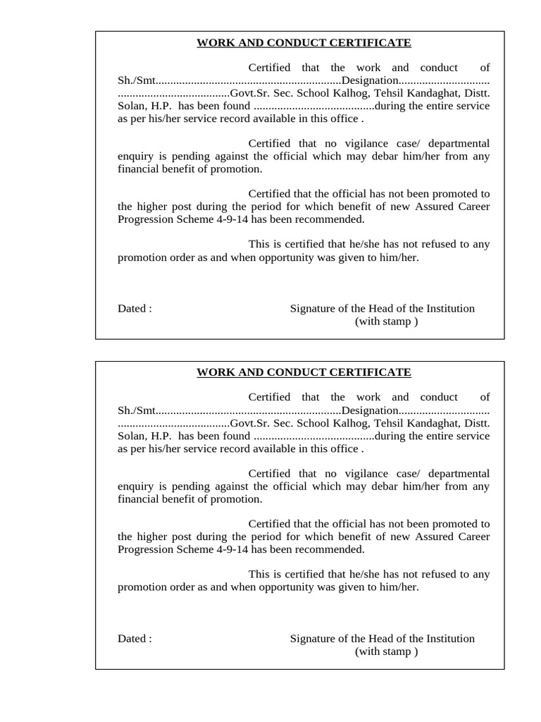 Work & Conduct Certificate ACP | PDF