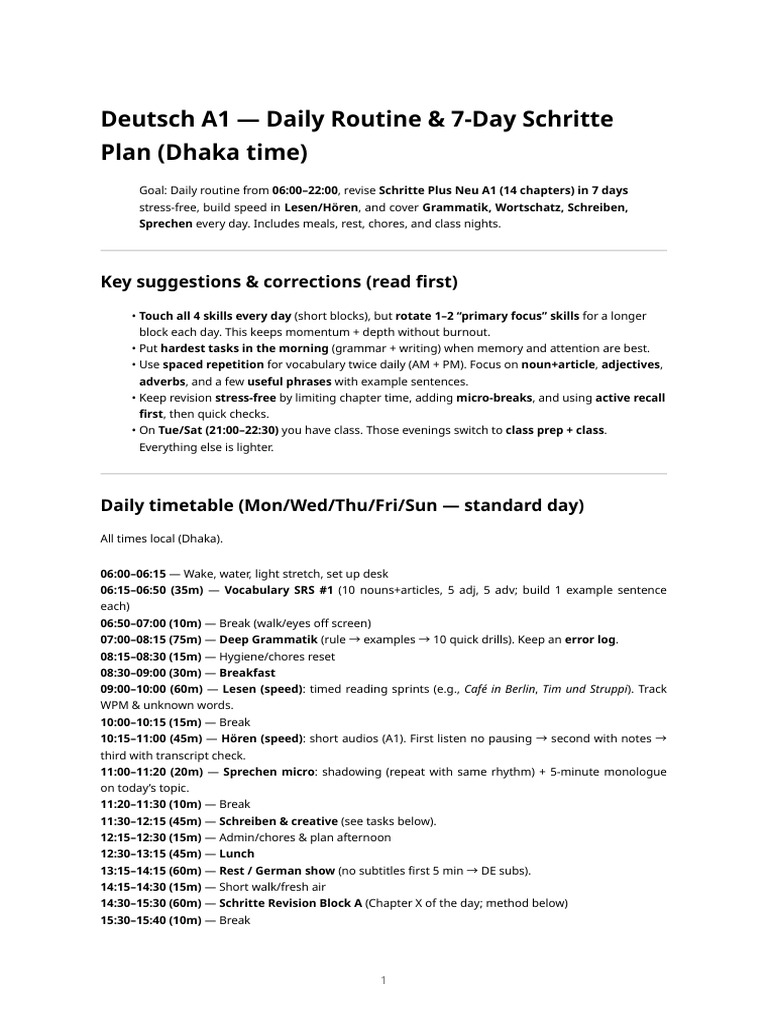 7-Day A1 German Routine Plan | PDF | Linguistics | Grammar