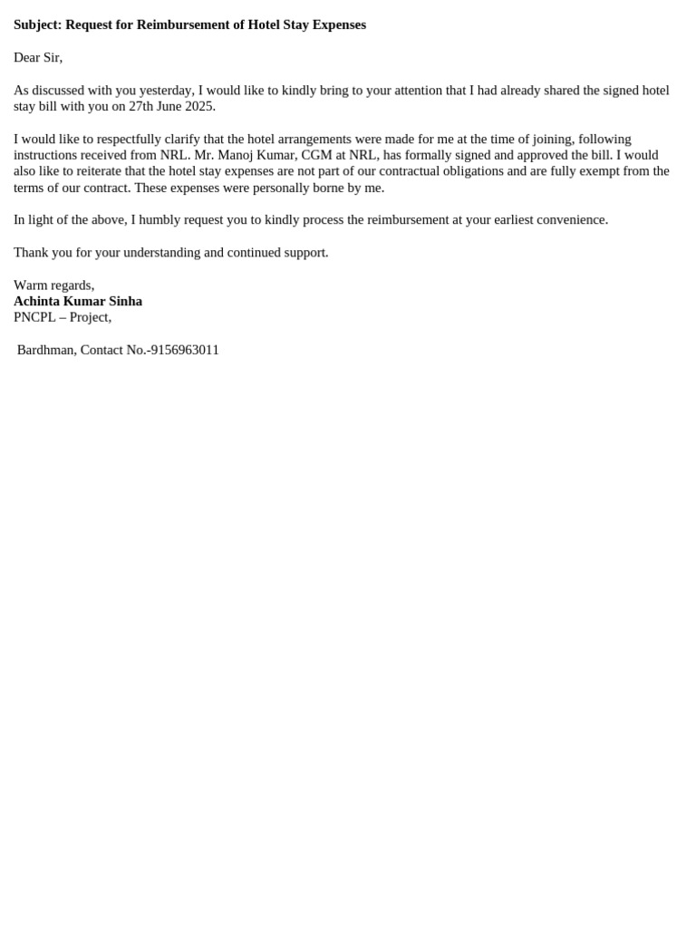 Hotel Stay Reimbursement Request | PDF