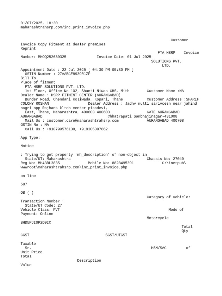Invoice for HSRP Fitment Appointment | PDF