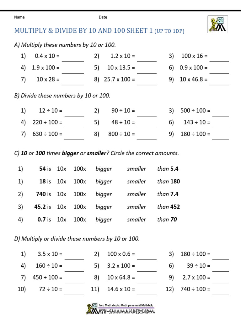 Multiply & Divide by 10 and 100 Worksheet | PDF